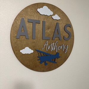 Airplane Nursery Name Sign, Round Name Sign, Airplane Nursery, Boy Name ...