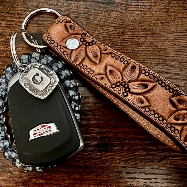 Tooled Leather Sunflower Key Fob Keychain - Country Western Style ...