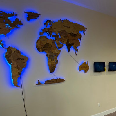 3D World Map With Leds, Wooden Wall Map of the World, 3D Natural Wood ...