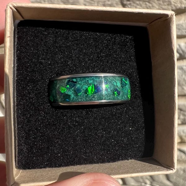 Emerald Green Ring, Tungsten Band, Real Emeralds Crushed, Gemstone ...