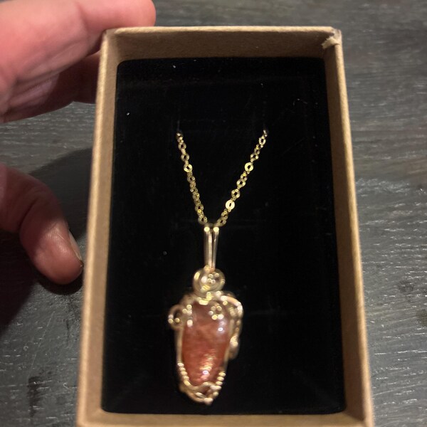 Sunstone Crystal Wire Wrapped Pendant, Aesthetic Necklace, Golden ...