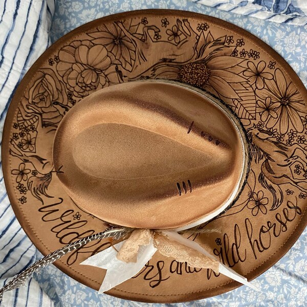 CUSTOM HAND BURNED Wide Brim Hat Bride Branded Hat Flowers and Leaves Burned Hat Western Hat - Etsy