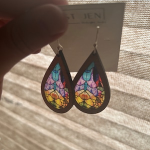 Mosaic Stained Glass Earrings // Teardrop // Mahogany Wood // Bright ...