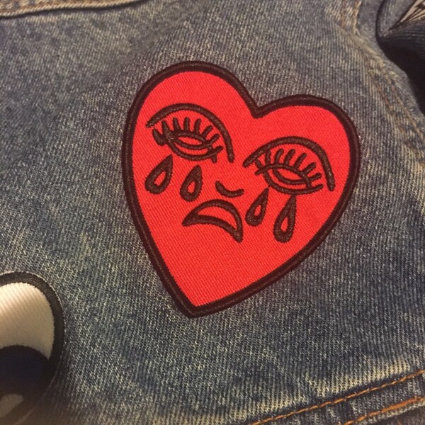 Crying Heart Embroidered Patch - Iron on Patch Red & Black/white Sew on ...