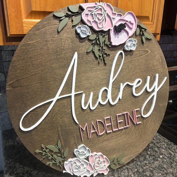 3D Round Circle Boho Wood Name Sign Girls Room Nursery Floral Flowers ...