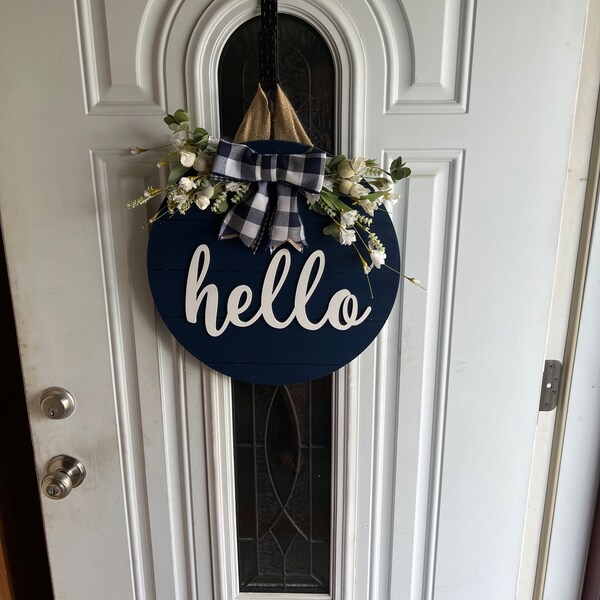 Blue Hello Door Sign, Welcome Door Hanger, Front Door Decor, Wood Front ...