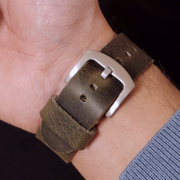 Leather Watch Strap, Bund Strap, Distressed Leather Cuff Watch Band for ...