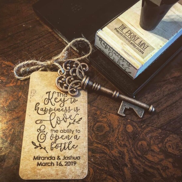 Key Wedding Favors Tag Rubber Stamp, Love and an Open Bottle, Rustic ...