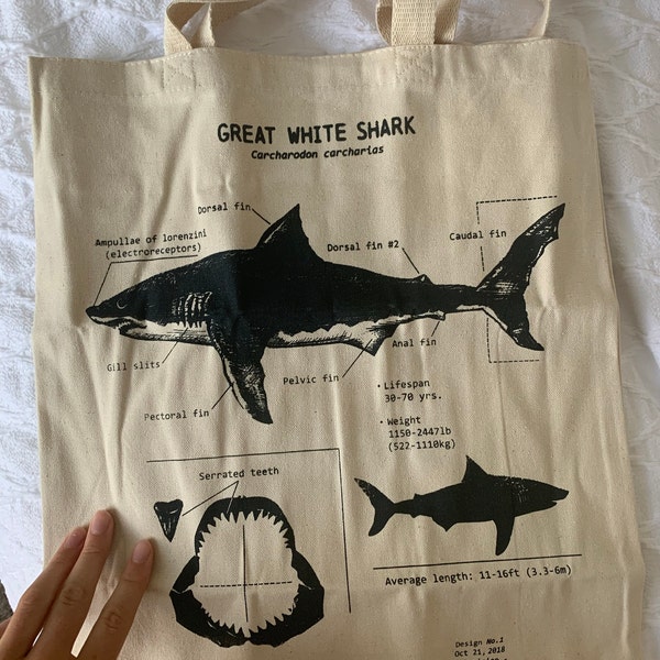 Great White Shark Anatomy Tote Bag, Screen Printed Shark Tote Bag ...