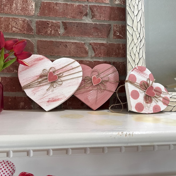 Hand-painted Rustic Heart Decor Trio: Shelf Sitter Wooden Hearts With ...
