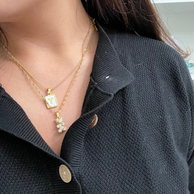 18K Gold Bear Charm Pendant Teddy Bear Crystal Animal Necklace Choker ...