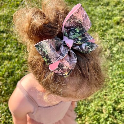 Girls Brown Green Tan Mossy Oak Camouflage Hair Bow With Pink Ribbon ...