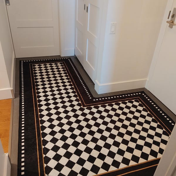 Checkered Rug, Black Border on Check Pattern Nonslip Area Rug, Black ...