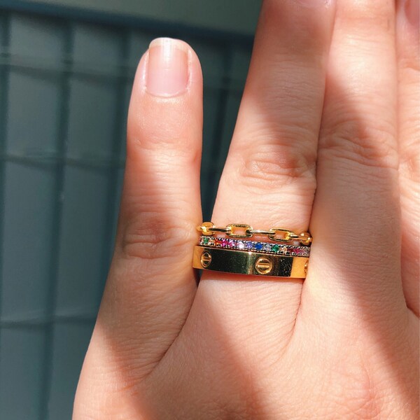 Paperclip Dainty Chain Link Ring 18K Gold Plated, Gold Chain Ring ...