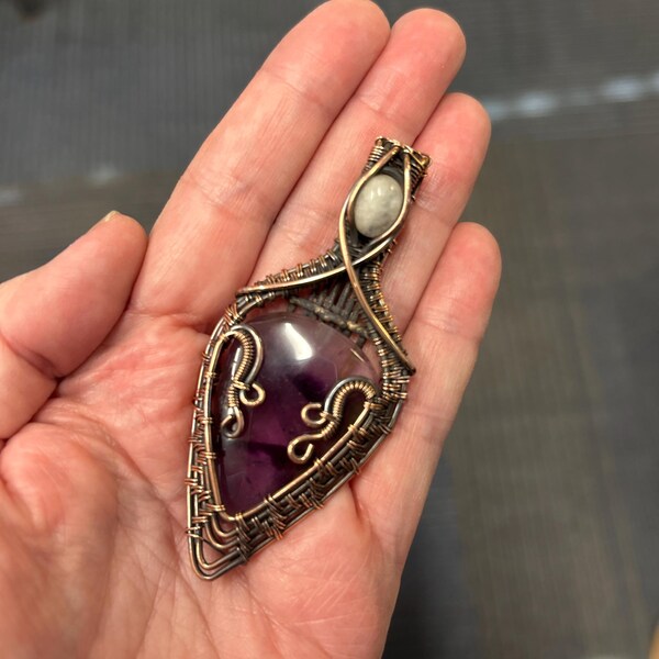 Natural Amethyst, Moonstone Pendant Copper Wire Wrapped Pendant ...