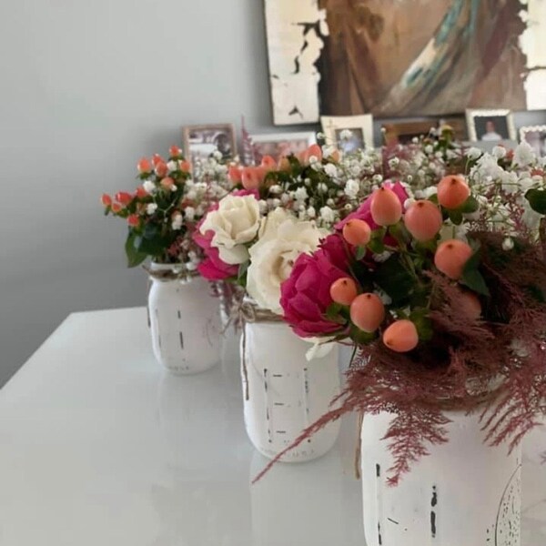 3 White Pint Size Painted Mason Jars, Wedding Centerpieces, Baby Shower ...