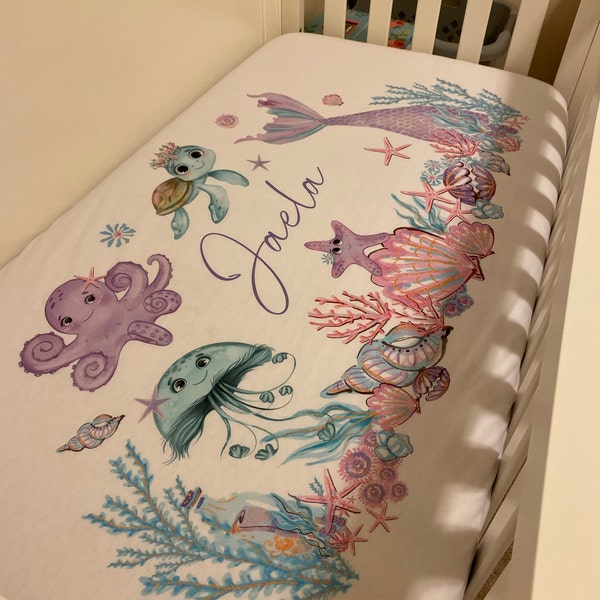 Mermaid Under the Sea Crib Sheet, Personalized Nursery Bedding, Girl ...