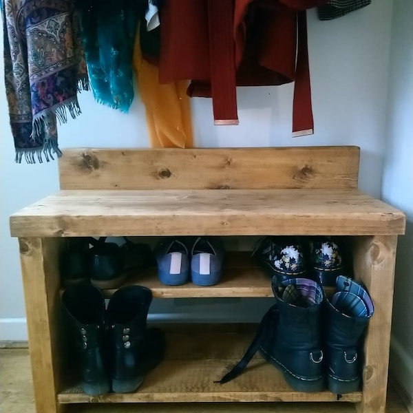Farmhouse Shoe Rack Boot Rack Bench Solid Chunky Wood Antique Wooden ...