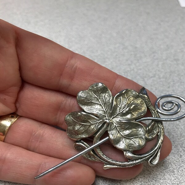 Silver Shamrock Shawl Pin, Oxidized Silver Shamrock Shawl Pin ...scarf ...
