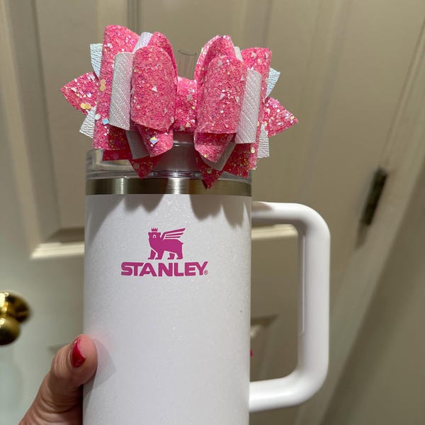 Stanley Tumbler Bow Iridescent Pink Light Pink Glitter Straw Topper ...