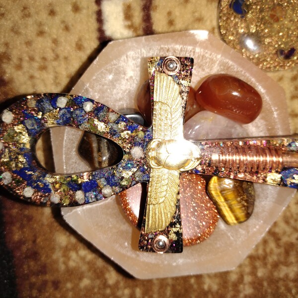 Orgone Holographic Ankh With Lapis Lazuli, Shungite, Rhodizite, Peridot ...