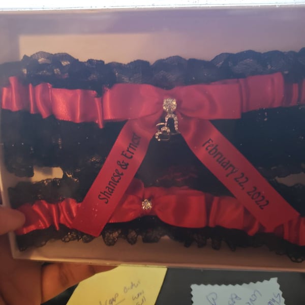 Personalized Black Lace Garter Set, Red Satin Bow, Keepsake Double ...