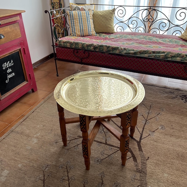 Handmade Moroccan 17" Round Brass Tray Tea Table With Folding Wood ...