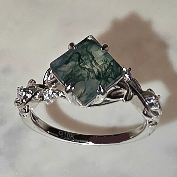 Princess Cut Green Moss Agate Engagement Ring 14k White Gold Five Stone ...