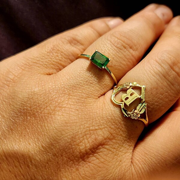 14K Gold Emerald Emerald Cut Birthstone Ring, Rectangle Green Gemstone ...