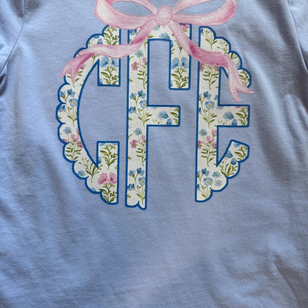 Custom Grand Millennial Floral Monogram, Girly, Bow, Floral, Blue and ...