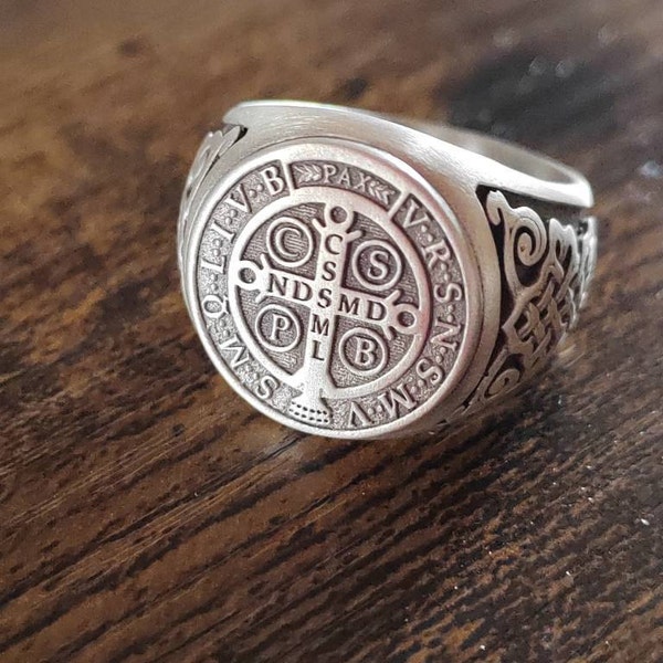 St Benedict Medal Signet of Exorcism Cross Ring Jewelry Mens Religious ...