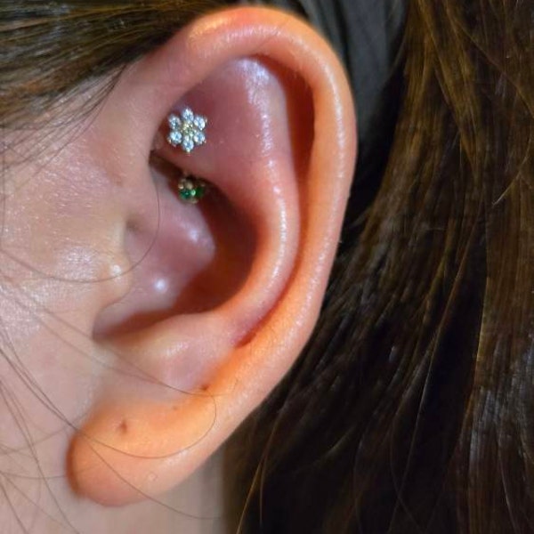 14K Solid Gold Flower Curved Barbell/green Leaf Cartilage Earring/16g ...