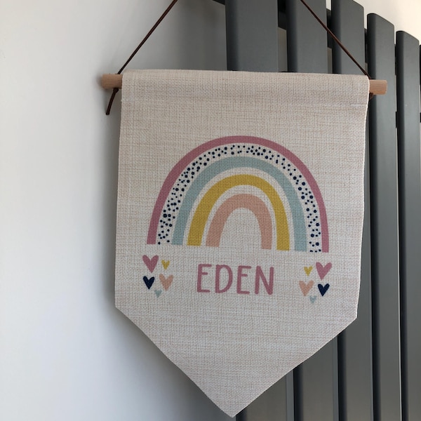 Personalised Teacher Rainbow Classroom Linen Style Hanging Flag Pennant ...
