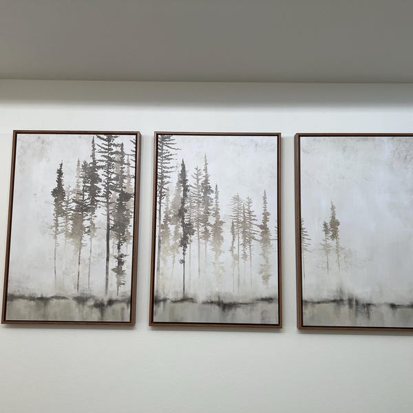 Framed Canvas Wall Art Set of 3 Wood Panel Brown Mountain Pine Tree ...