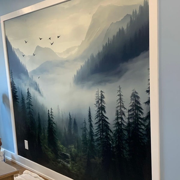 Foggy Forest Mural | Landscape Wallpaper | Watercolor Tree Decal | Peel ...
