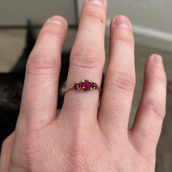 14K Gold Triple Ruby Ring Ring, Three Stone Ring, Ruby Jewelry, 10K Dainty Jewelry, July ...