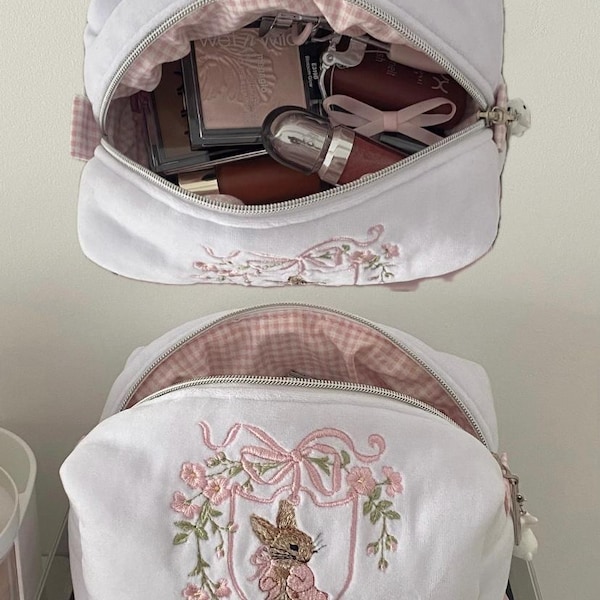 Pink Bow Rabbit Embroidered Makeup Bag - Easter Bunny Cosmetic Bag ...