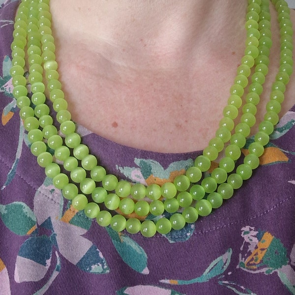 Lime Green Necklace, Triple Strands Green Cat's Eye Stone Necklace ...