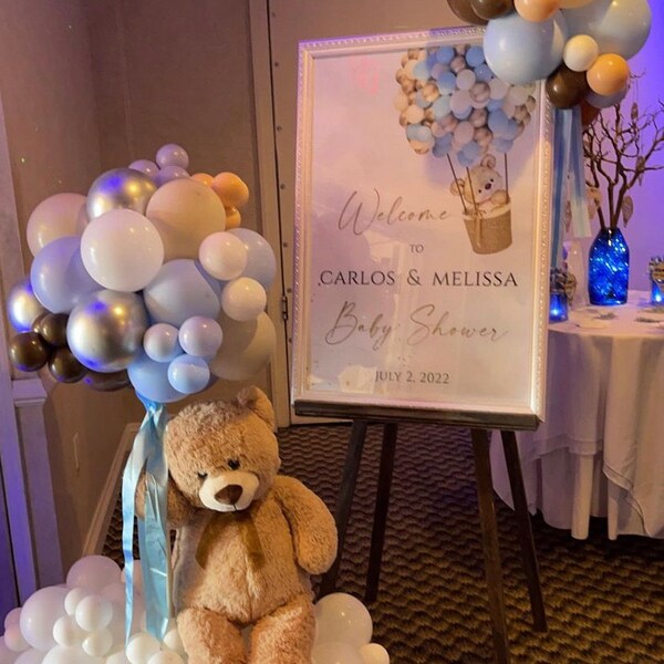 Blue Teddy Bear Baby Shower Welcome Sign, Blue Balloon Baby Shower ...
