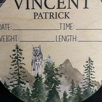 Wolf Birth Stat Sign, Round Wood Birth Stat Sign, Wilderness Nursery ...