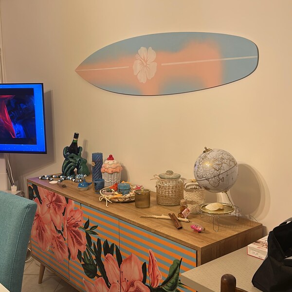 Decorative Surfboard Shelf With Hibiscus Accents in Mint Turquoise - Etsy