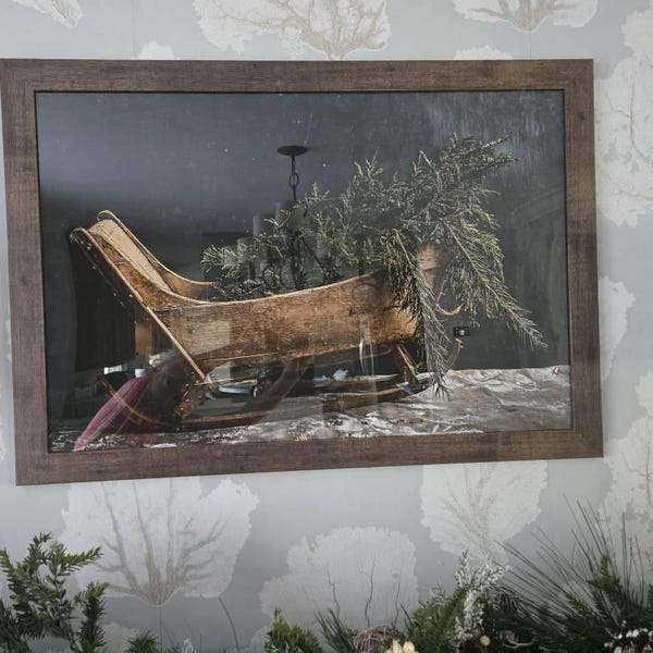 Christmas Sled Painting, Rustic Farmhouse Wall Art, Moody Holiday Print ...