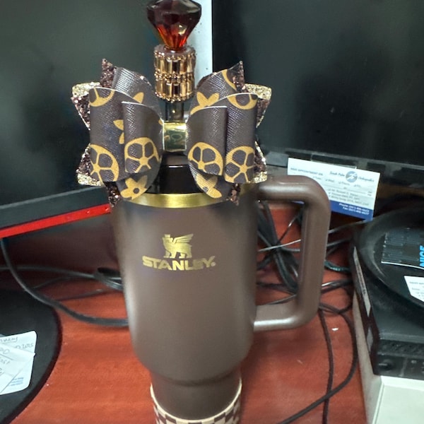 Stanley Chocolate Gold Bow Topper, Brown Stanley Tumbler Straw Topper ...