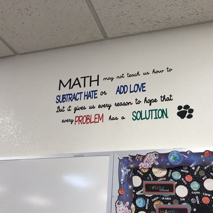 Math vinyl wall decals for classroom // add love, subtract hate