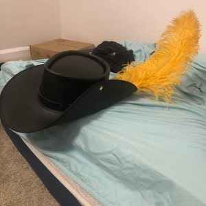 Fancy Wide Brim Leather Hat Red Black and Gold W/2 Large Feather Plumes ...