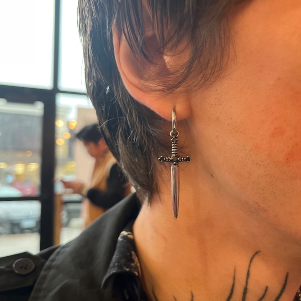 Sword Earring With Ear Cuff , Dagger Earring, Sword Hoop Earring, Hoop ...