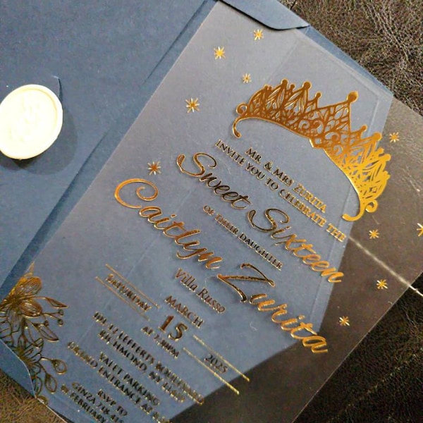 Acrylic Quinceanera Invitation, Burgundy Envelope, Princess Crown ...