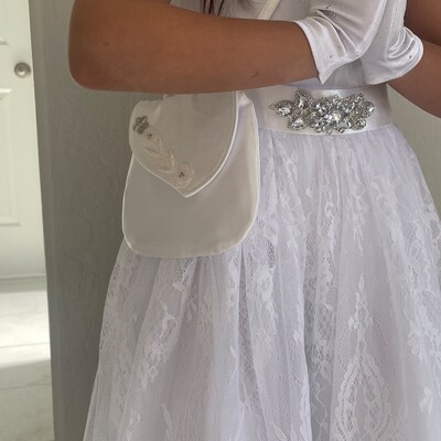 First Communion Purse, Bright White Satin Purse, Flower Girl, Church ...