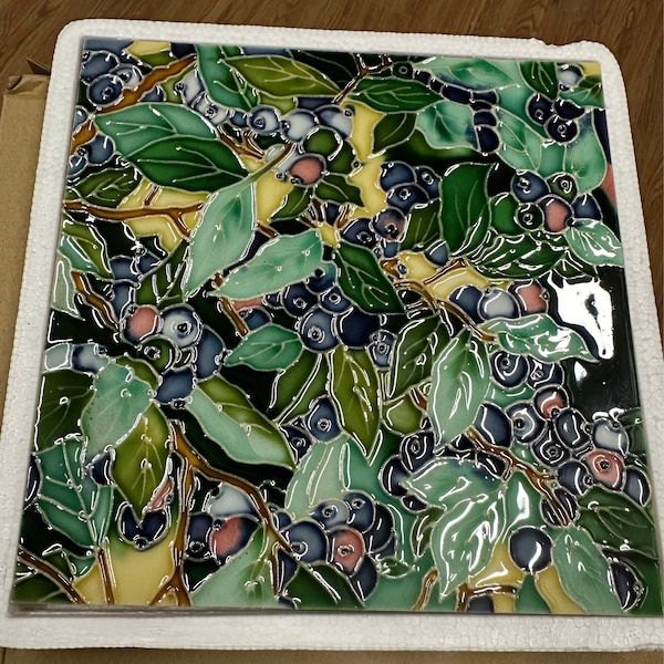 Blueberries Hand Painted Ceramic Art Tile 8 X 8 Inches With Easel Back ...
