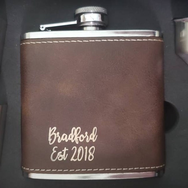 Groomsmen Gift, Personalized Flask Set for Men, Rustic Brown Leather ...